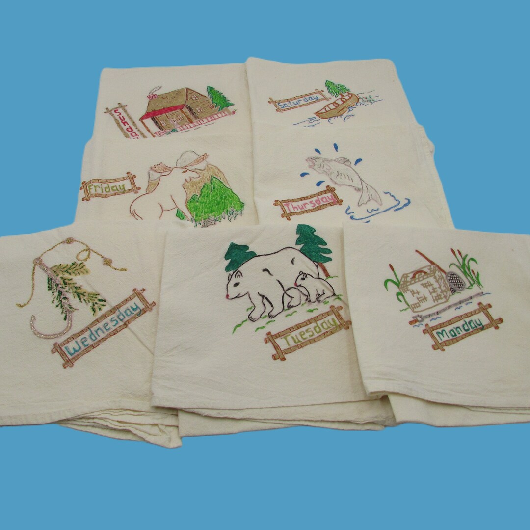 Vintage Flour Sack Linen Seven Handmade Hand Painted Kitchen Towels ...