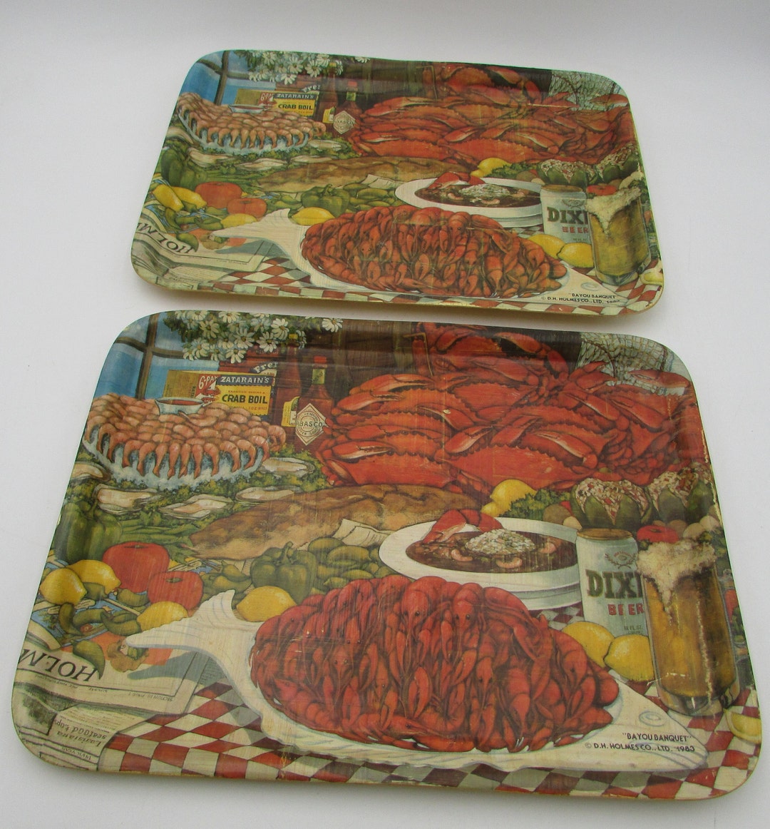 Vintage 1983 Bayou Banquet Crab Boil DH Holmes Bamboo Rectangle Trays ...