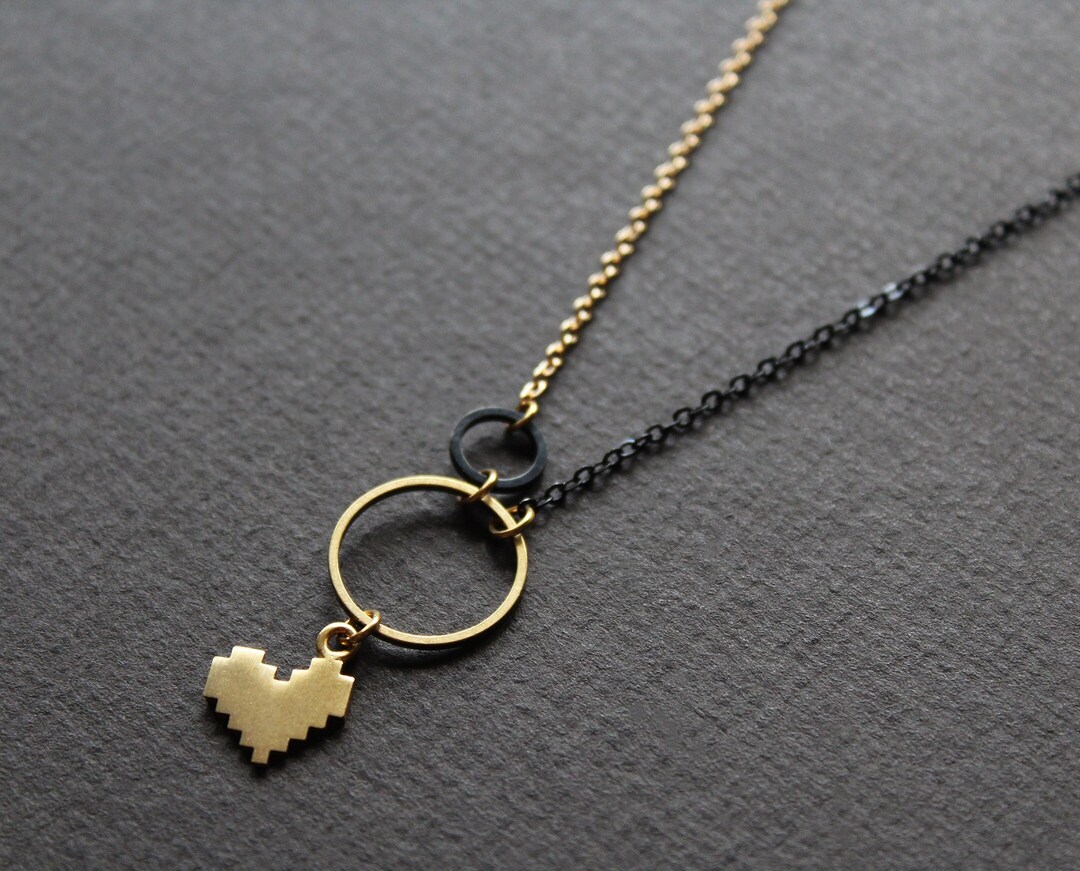 Brass Pixel Heart Necklace, Geometric Pixel Art Pendant Metal Charm ...