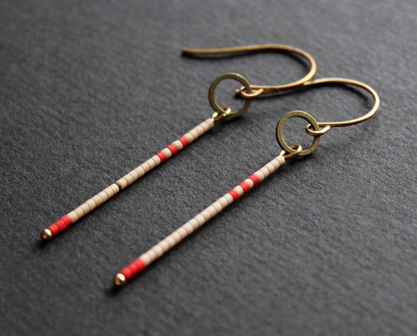Long Minimalist Seed Bead Earrings, Beige and Red Miyuki Beaded ...