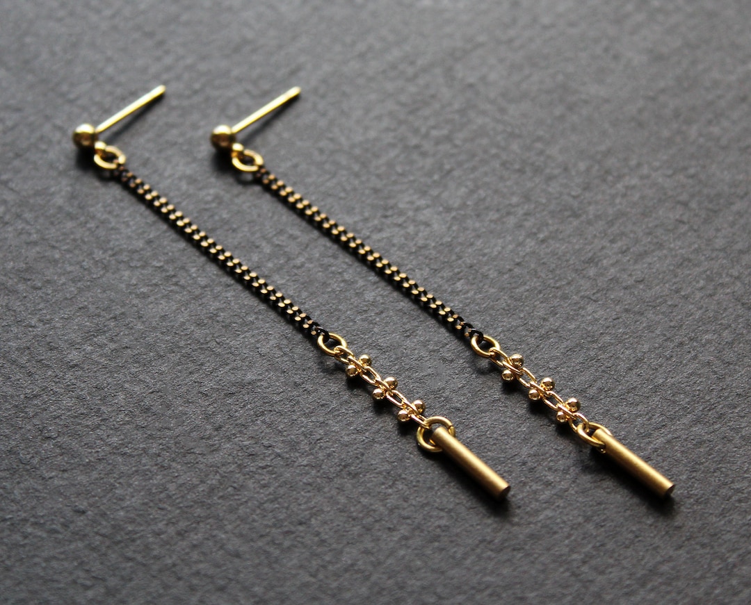 Black and Gold Long Chain Earrings, Linear Drop Earrings, Brass Dangle ...