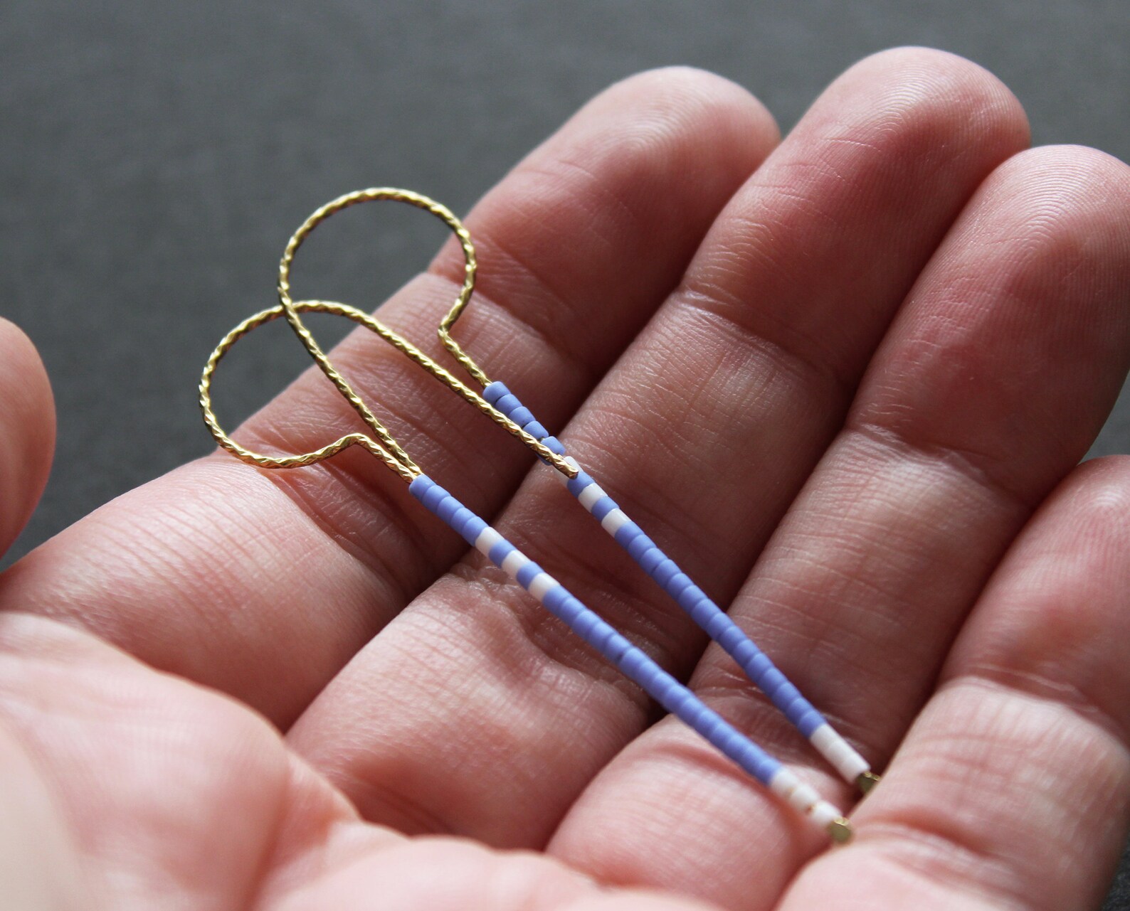 Cerulean Blue and White Seed Bead Earrings, Linear Long Bar Beaded ...