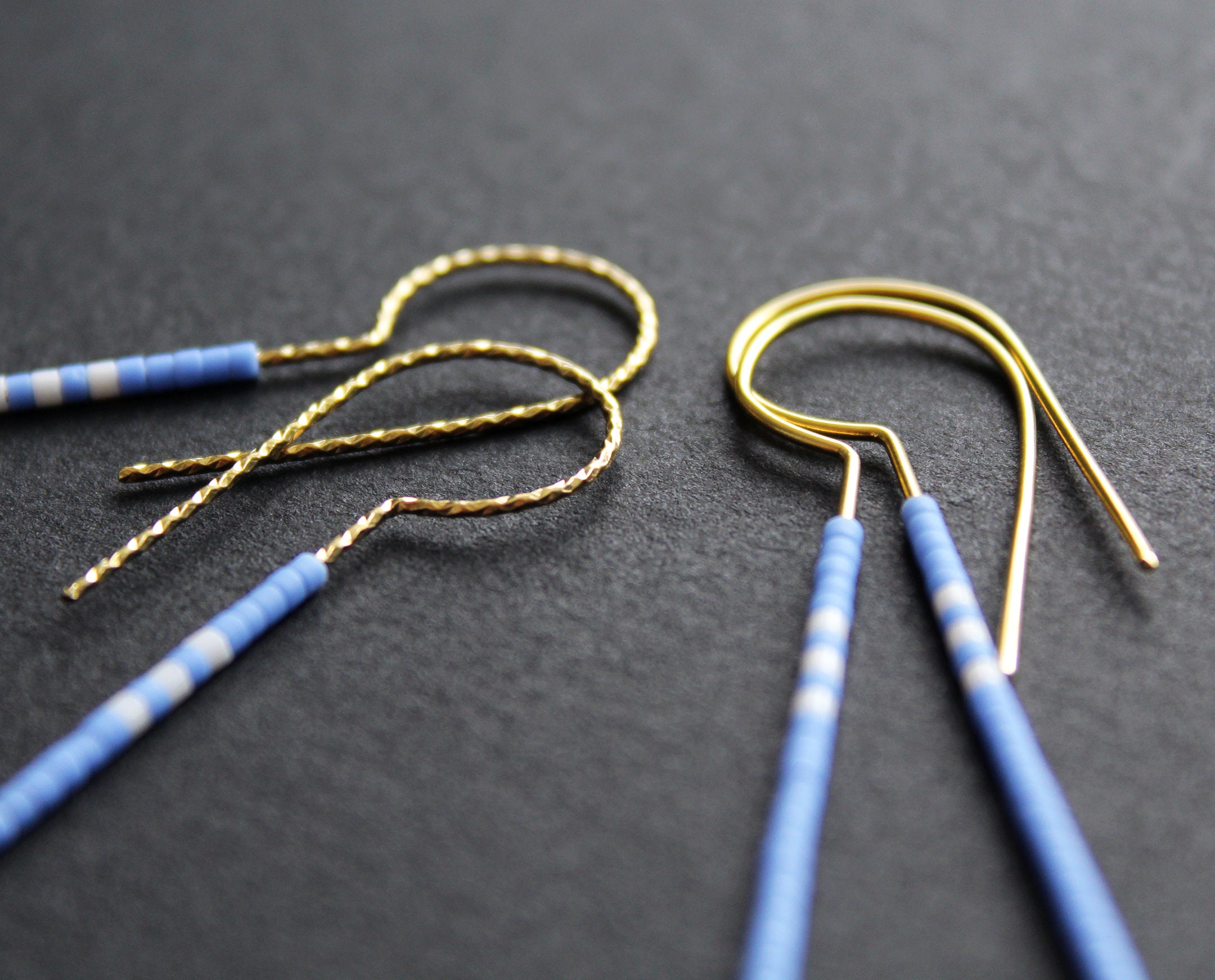 Cerulean Blue and White Seed Bead Earrings, Linear Long Bar Beaded ...