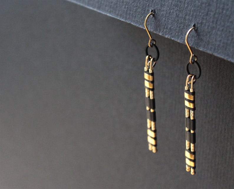 Linear Long Bar Seed Bead Earrings, Matte Black and Gold Beaded ...