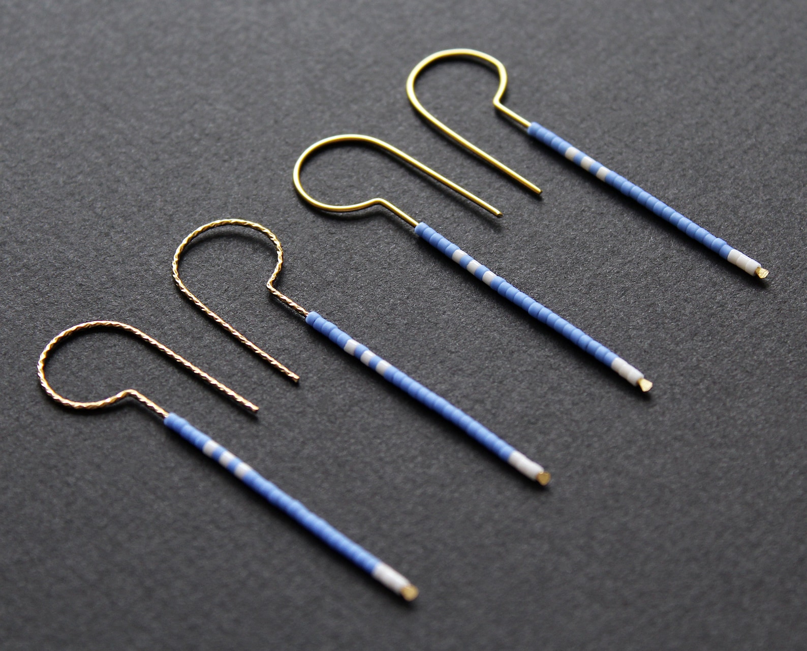 Cerulean Blue and White Seed Bead Earrings, Linear Long Bar Beaded ...