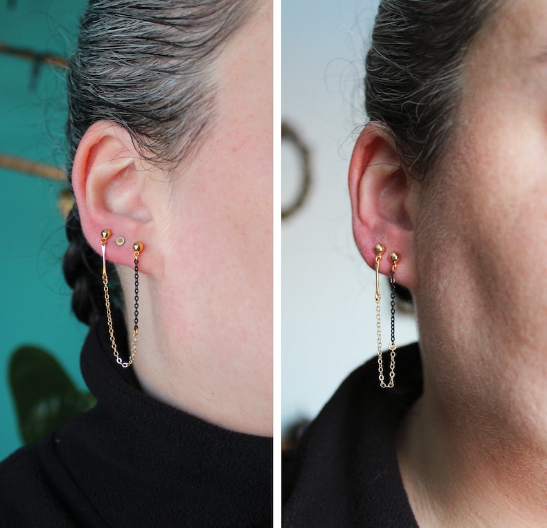Double Piercing Earring Connected Earrings Double Lobe Earring - Etsy