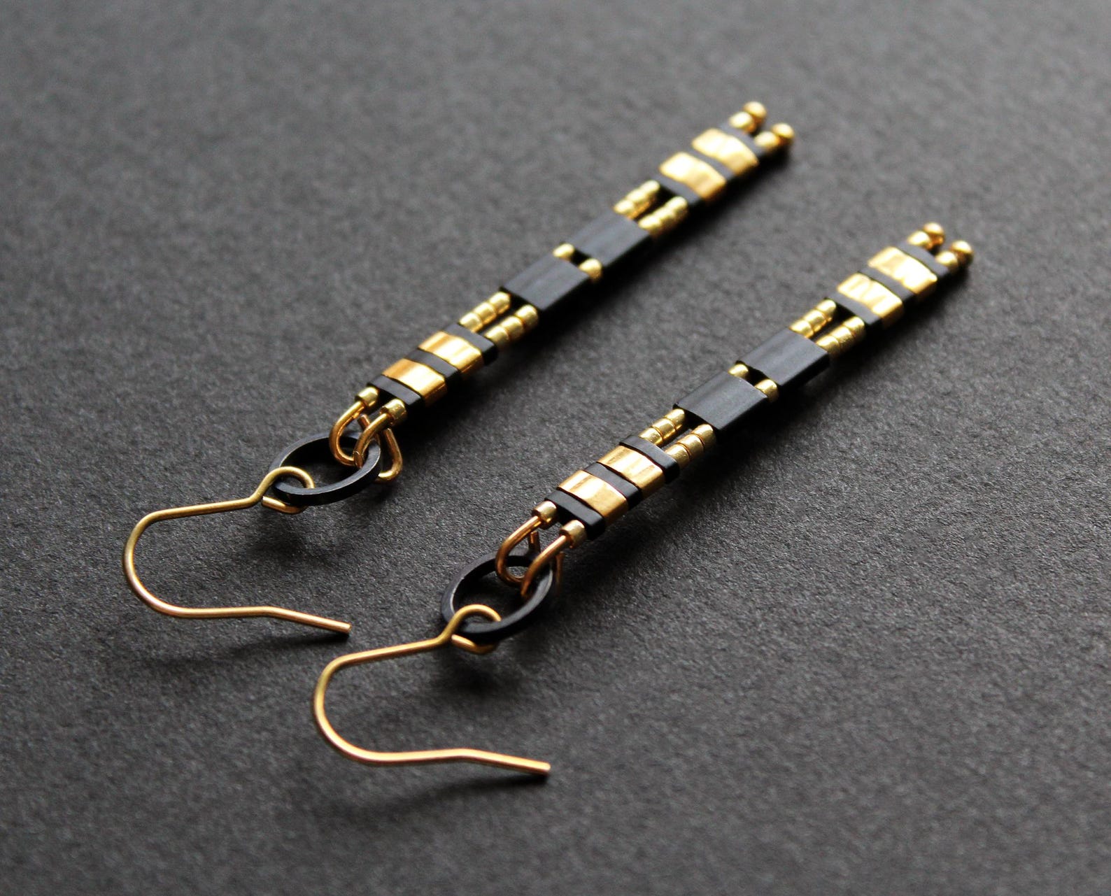 Linear Long Bar Seed Bead Earrings, Matte Black and Gold Beaded ...
