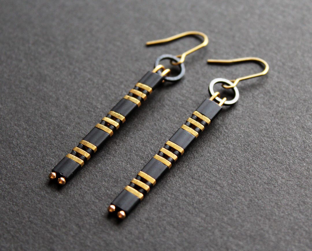 Matte Black and Gold Beaded Earrings, Linear Long Bar Seed Bead ...