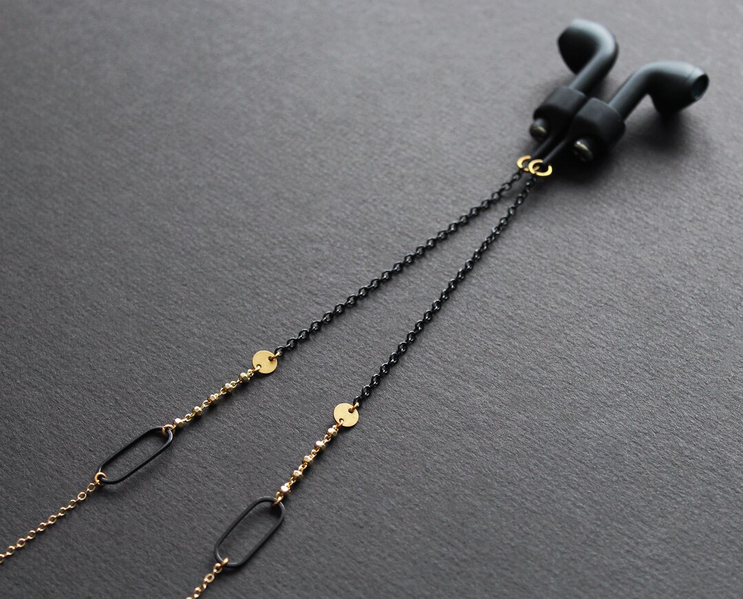 Anti Lost Earbud Chain Strap, Black and Gold Ear Pods Holder Necklace ...