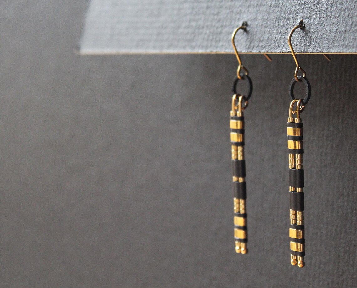 Linear Long Bar Seed Bead Earrings, Matte Black and Gold Beaded ...