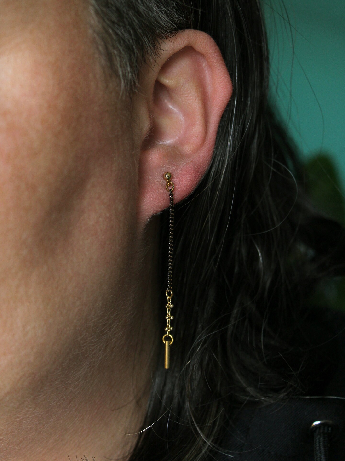 Black and Gold Long Chain Earrings, Linear Drop Earrings, Brass Dangle ...