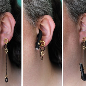 Earbud Earrings in Black and Gold With Silicone Loop Ring, Anti-lost ...