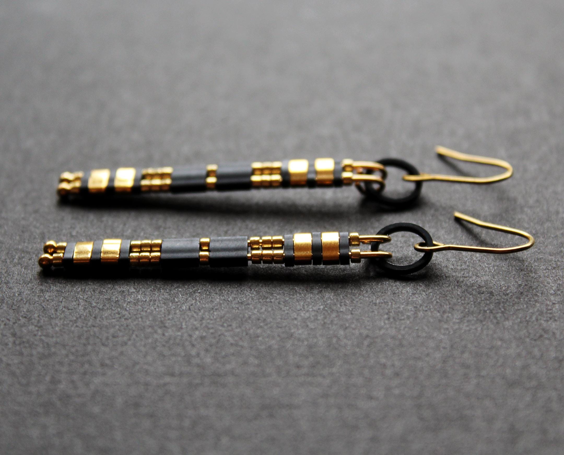 Linear Long Bar Seed Bead Earrings, Matte Black and Gold Beaded ...