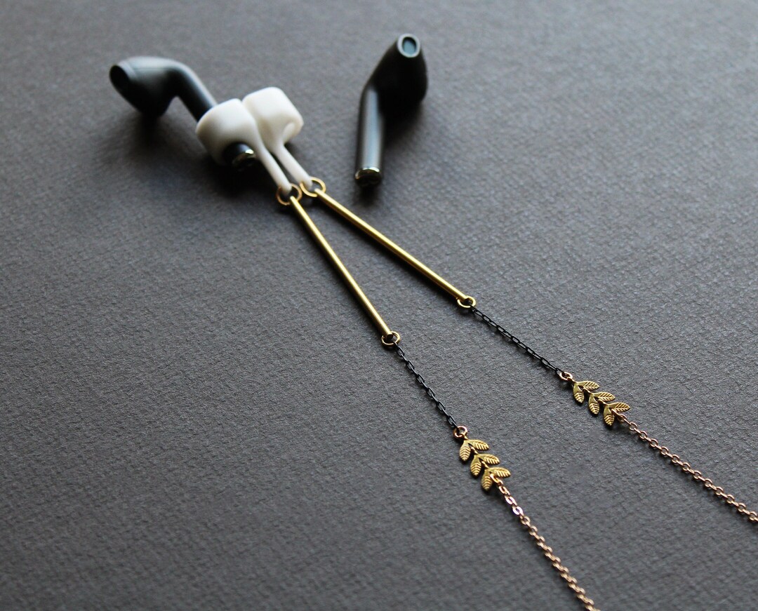 No-loss Magnetic Earpods Necklace Brass Leaves, Gold and Black Ear Buds ...