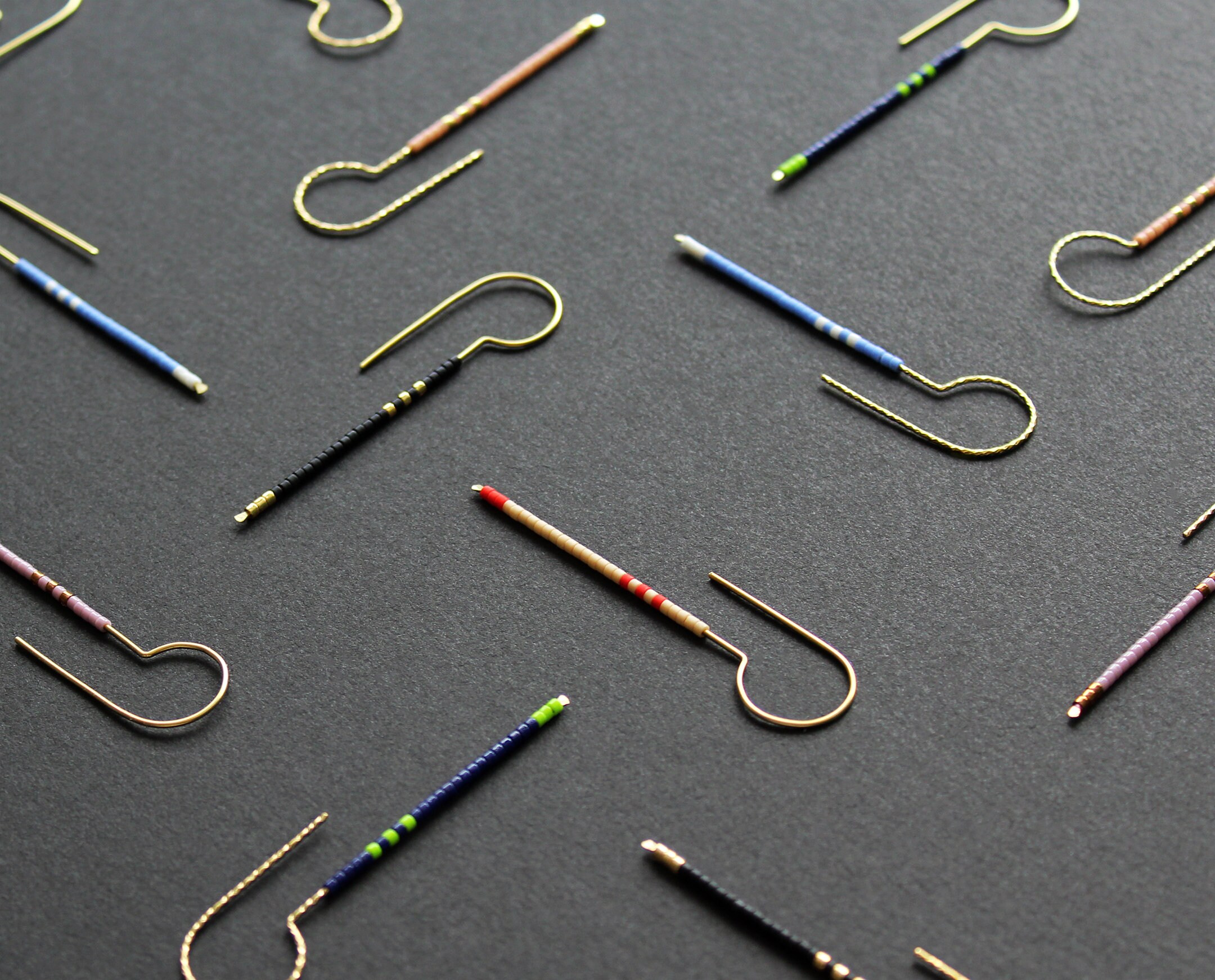 Matte Black and Gold Beaded Earrings, Thin Linear Long Bar Seed Bead ...