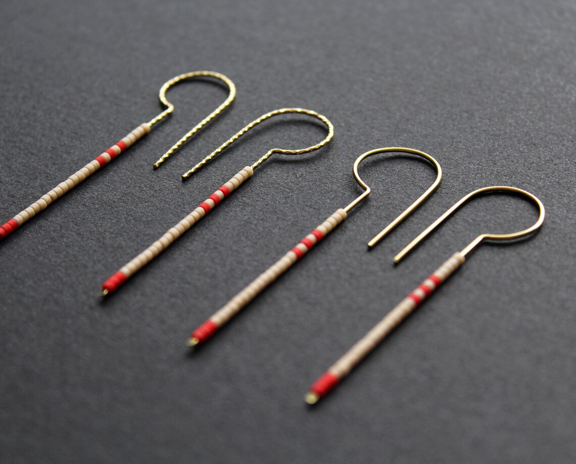 Linear Long Bar Beaded Earrings, Beige and Red Green Seed Bead Earrings ...