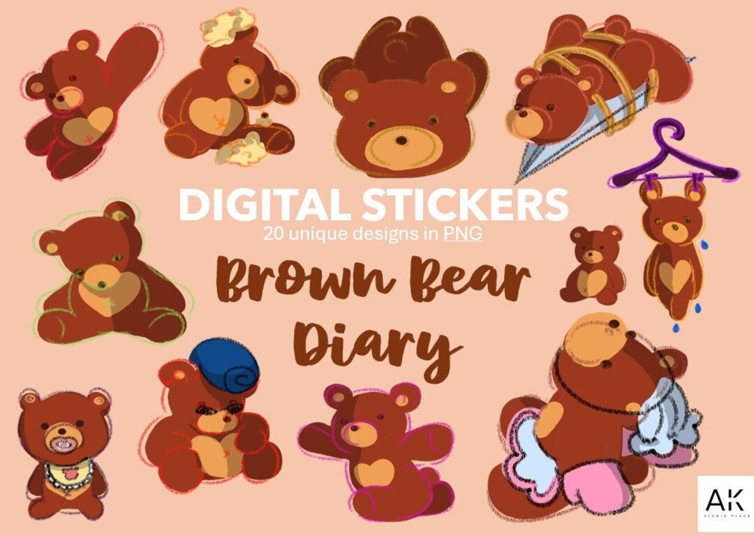 Kawaii Brown Bear Printable Stickers, Print and Cut Sticker, Digital ...