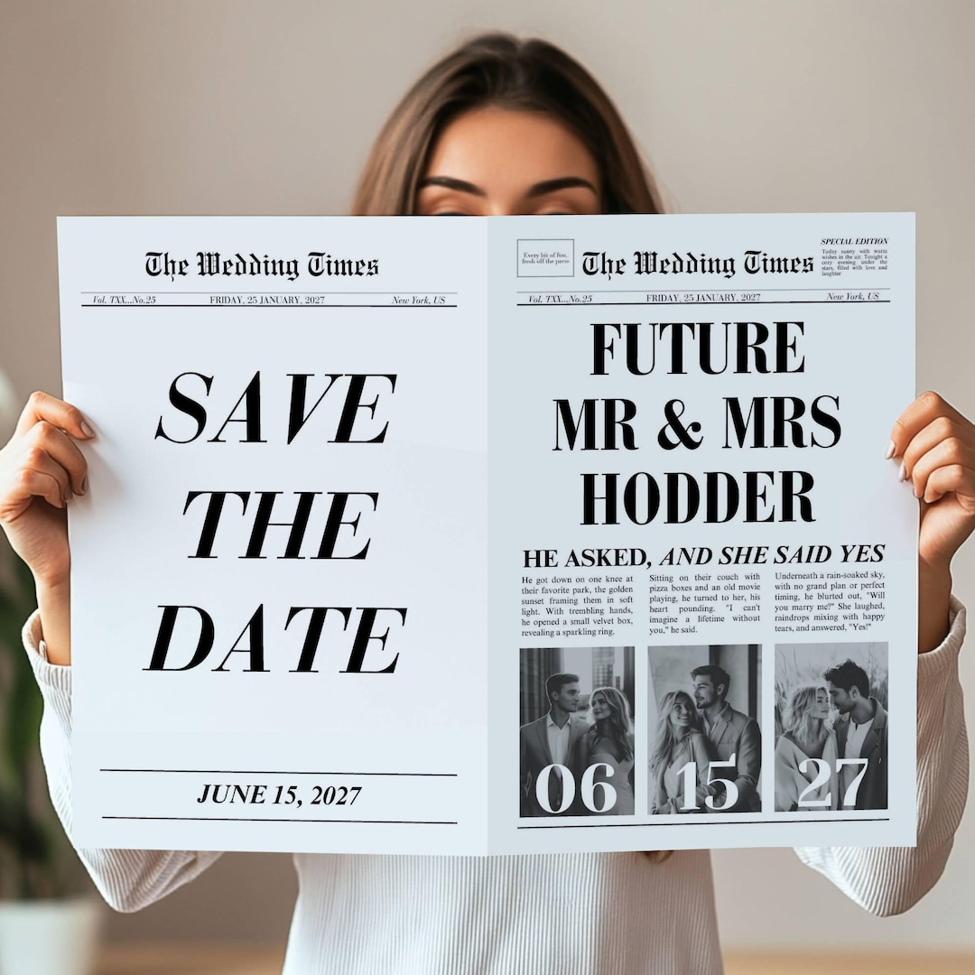 Newspaper Engagement Announcement Template, Wedding Newspaper Canva, Printable Save the Date ...
