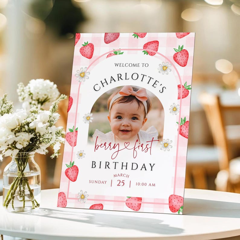 Berry First Birthday Welcome Sign Template, Strawberry 1st Birthday ...