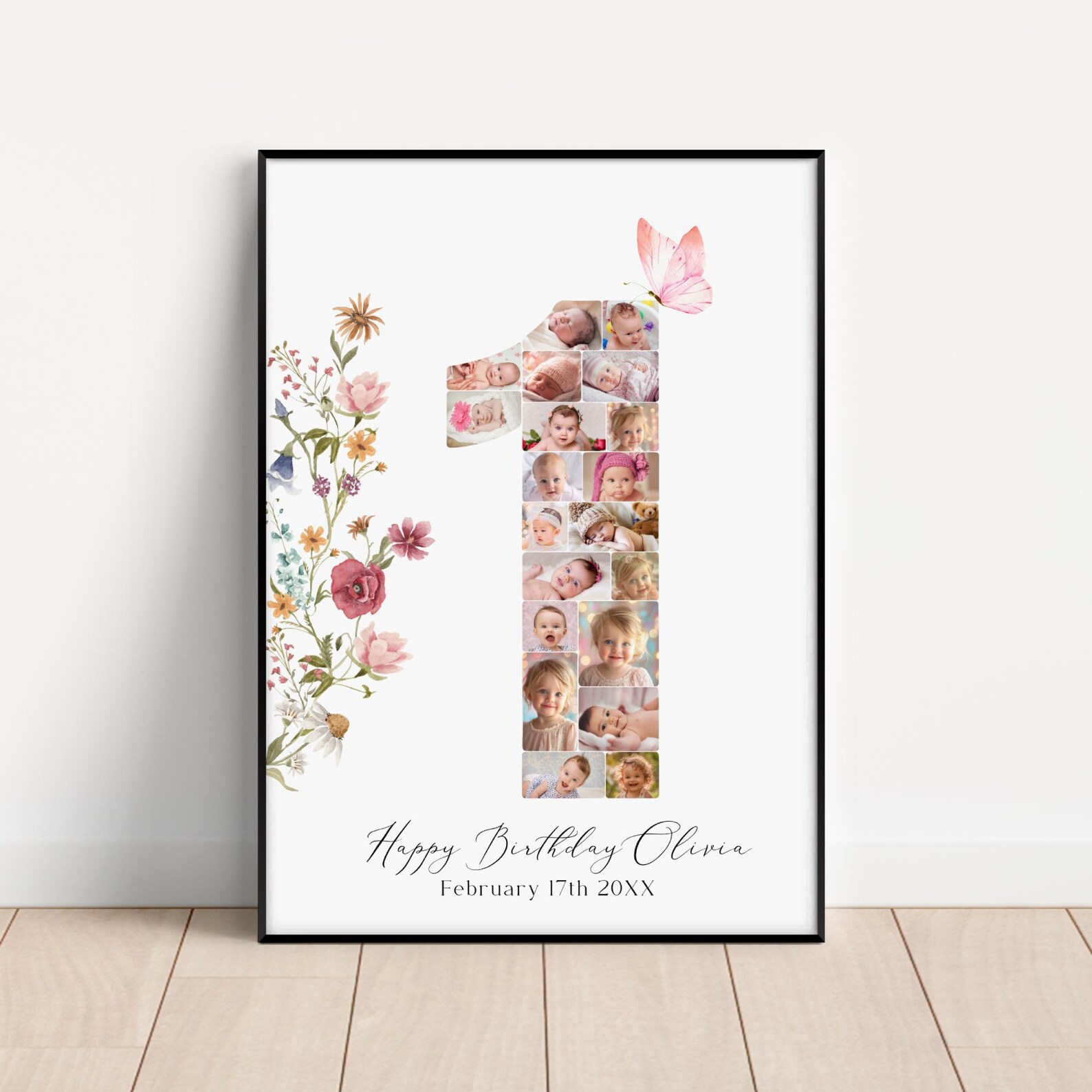 Wildflower 1st Birthday Photo Collage, Personalized 1st Birthday Photo ...