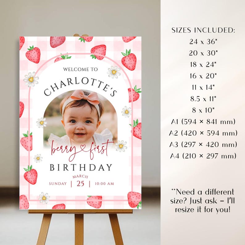 Berry First Birthday Welcome Sign Template, Strawberry 1st Birthday ...