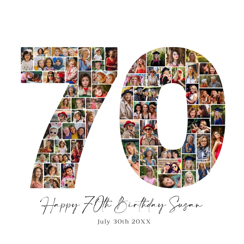 Editable 70th Birthday Photo Collage Gift Template, Number 70 Picture ...