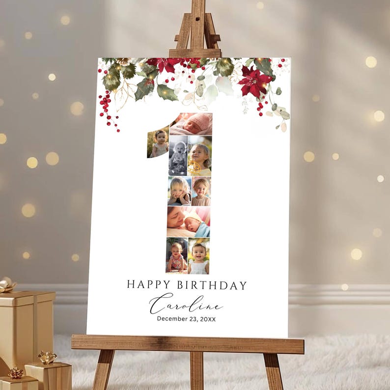 Christmas 1st Birthday Collage Template, Editable First Birthday Sign ...