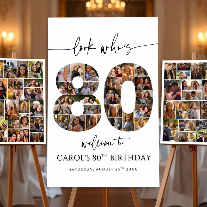 80th Birthday Photo Collage Welcome Sign Template, Editable Birthday ...