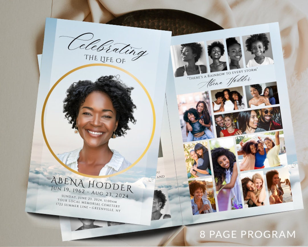 Light Blue Funeral Program Template: Editable 8-page Memorial Booklet ...
