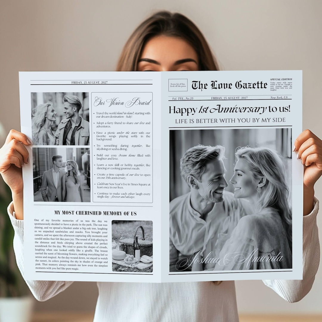 Couple Anniversary Newspaper Template, 1 Year Anniversary Gift for ...