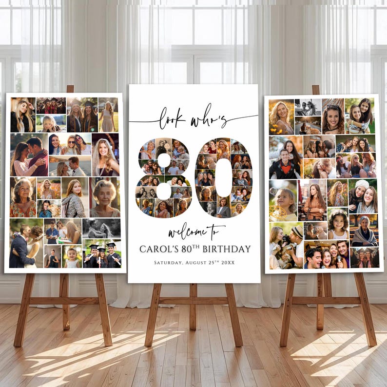 80th Birthday Photo Collage Welcome Sign Template, Editable Birthday ...