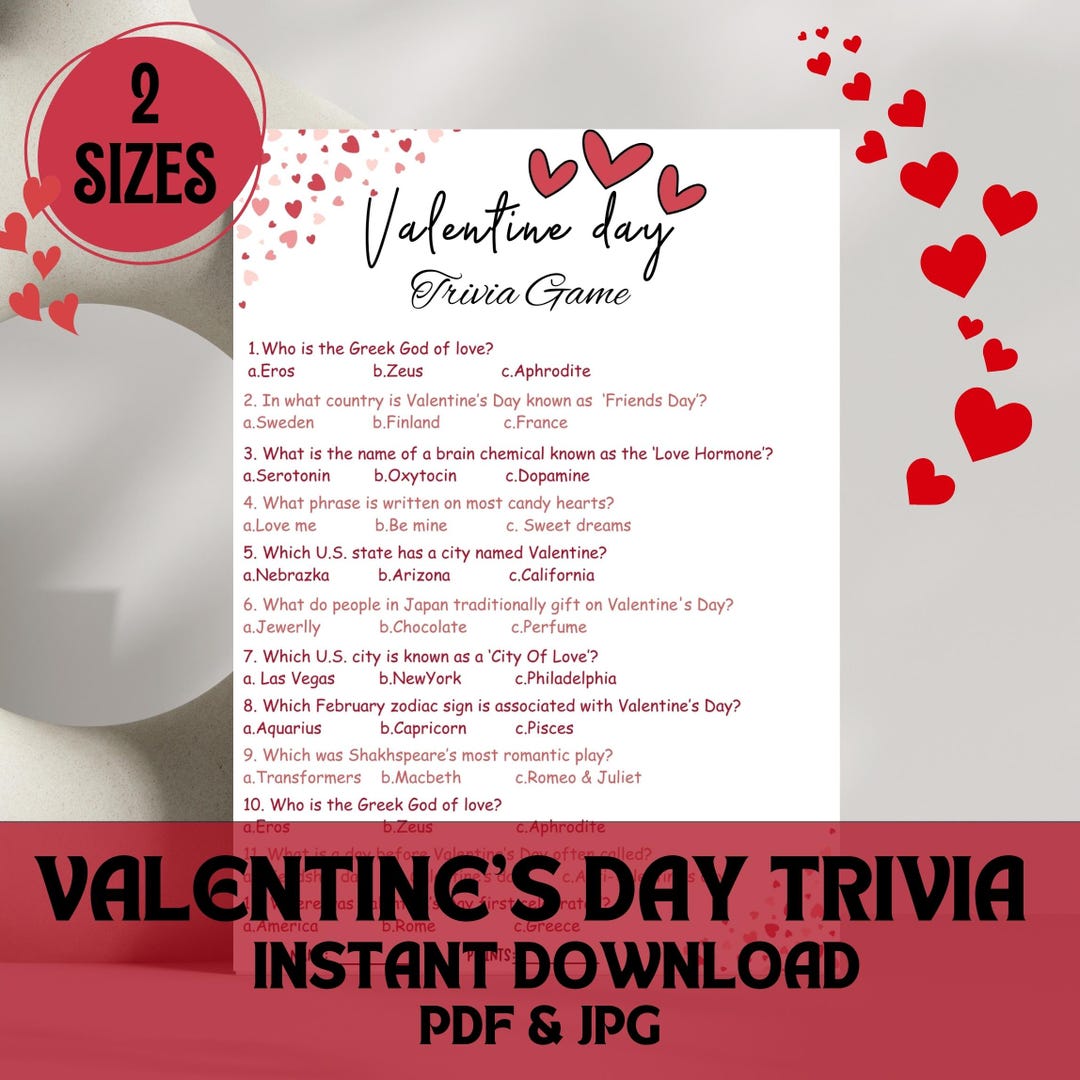 Valentine's Day Trivia Game, Printable Valentine's Quiz Game, Valentine ...