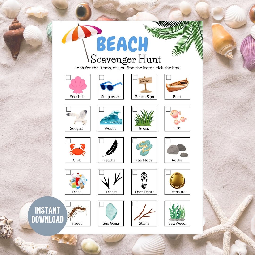 Beach Scavenger Hunt, Printable Beach Treasure Hunt,beach Games, Ocean ...