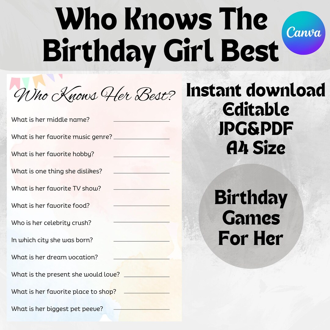 Who Knows the Birthday Girl Best, Editable Pink Birthday Game, Teens ...
