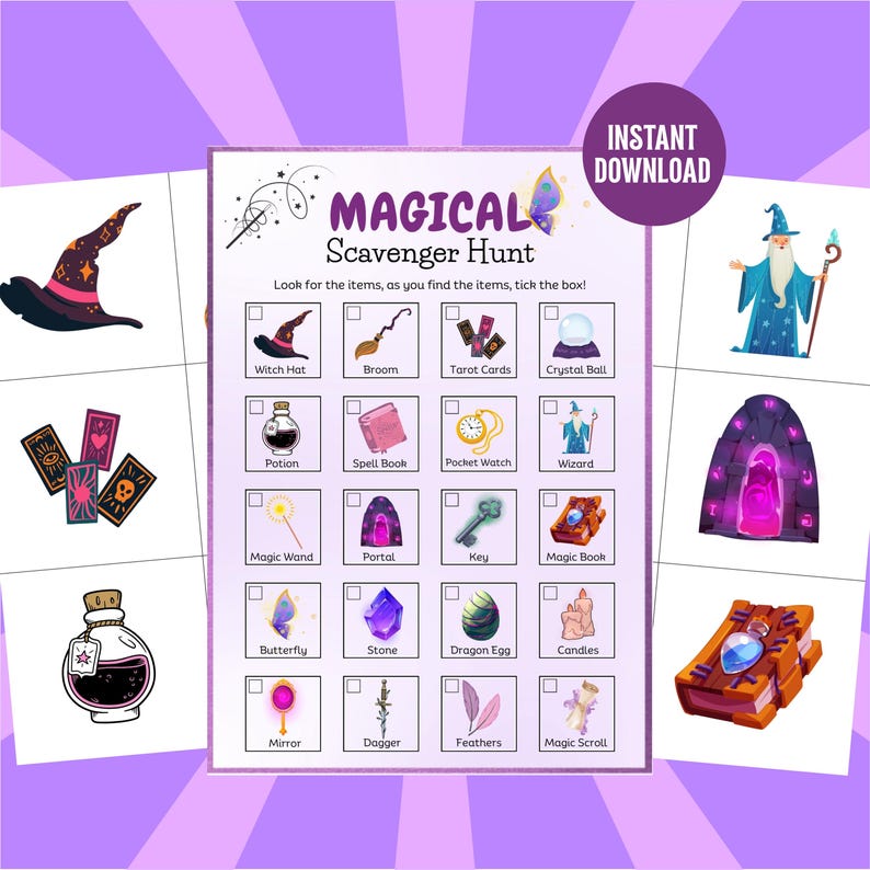 Wizard Scavenger Hunt, Printable Wizard Party Games, Magical Wizard ...