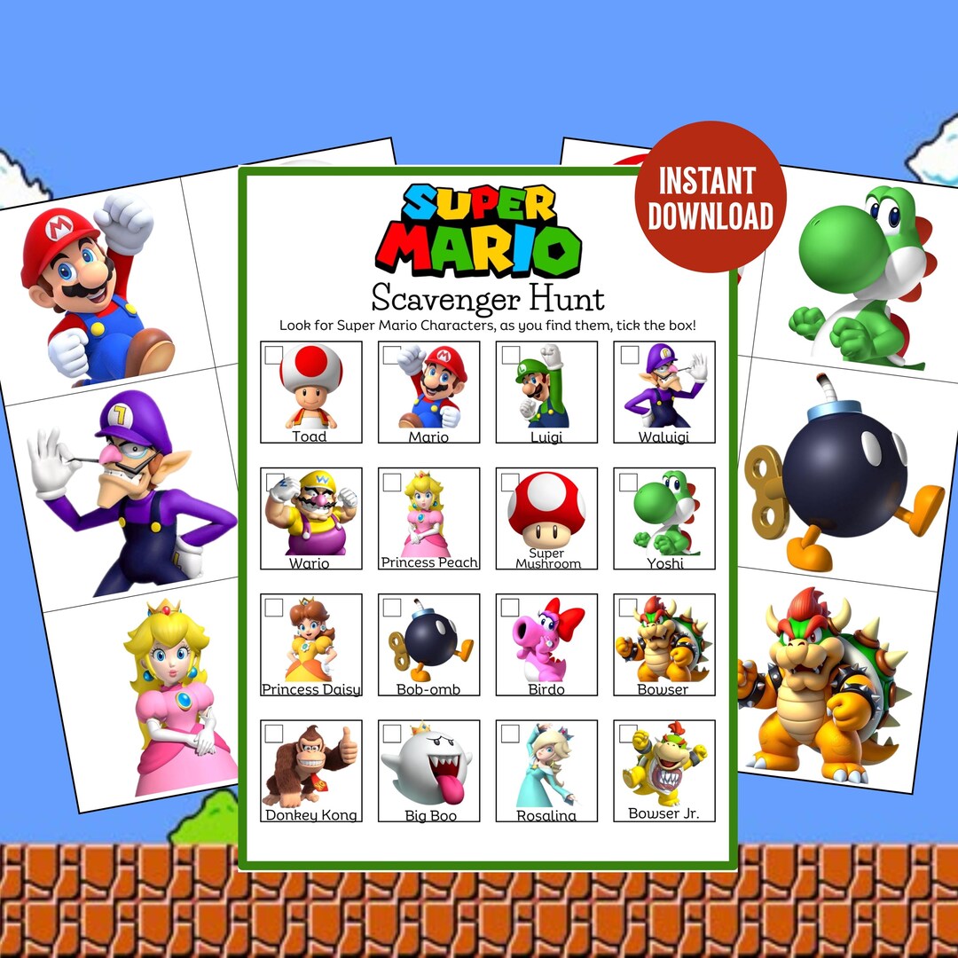 Mario Bros Scavenger Hunt, Super Mario Printable Games, Birthday Games ...