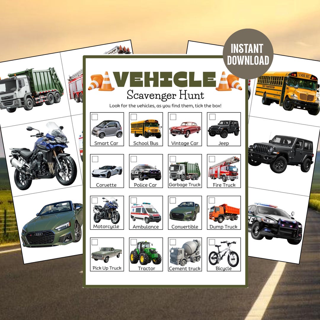 Vehicle Scavenger Hunt, Vehicle Printable Games, Travel Activity, Road ...
