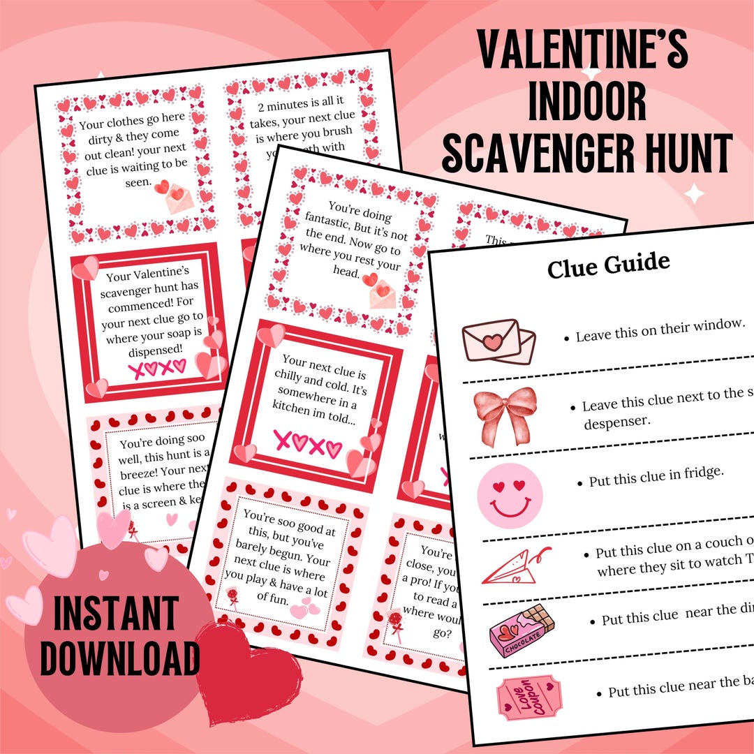 Valentine's Indoor Scavenger Hunt, Valentines Treasure Hunt, Valentines ...