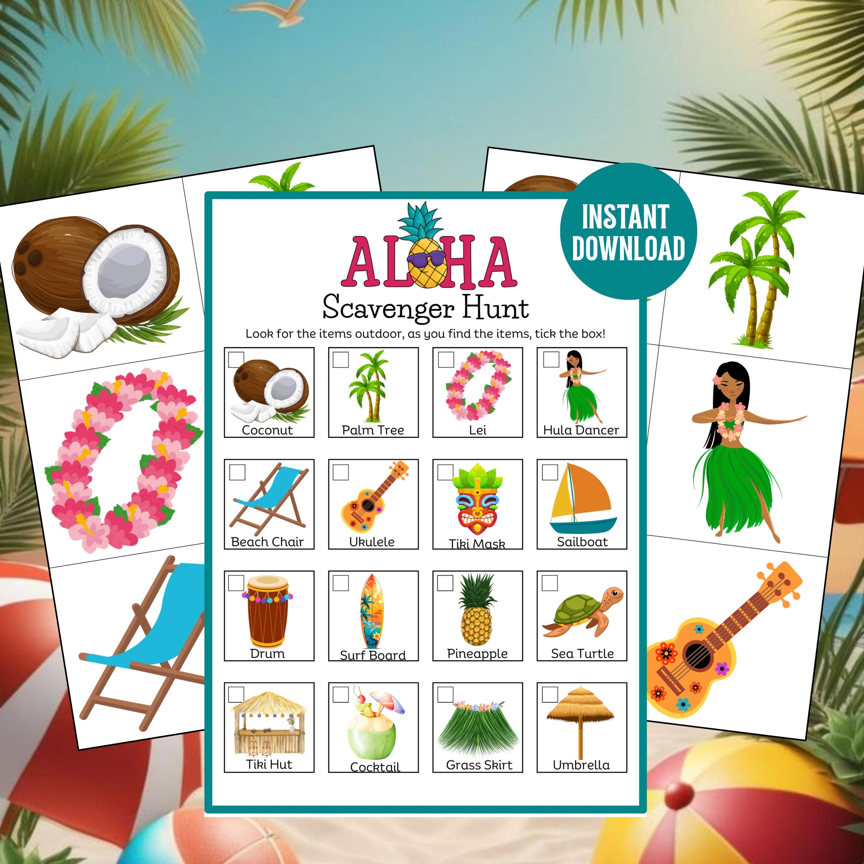 Aloha Scavenger Hunt, Luau Treasure Hunt, Hawaiian Party Game, Luau Games, Hawaii Hunt, Luau ...