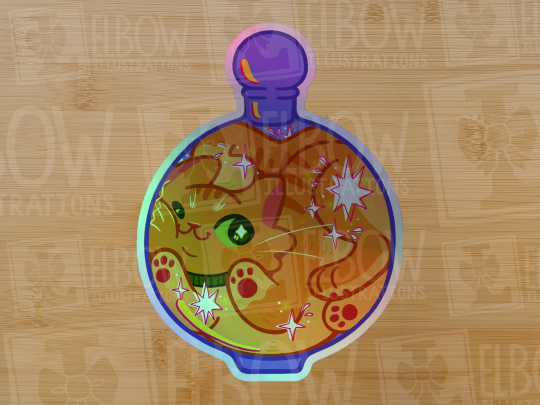 Magic Potion Orange Kitten Holographic Vinyl Sticker, Cute Magical Cat ...