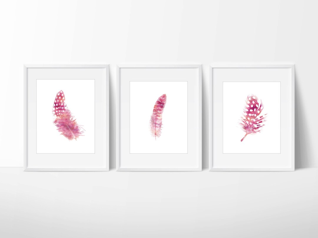 Set of 3 Feather Prints / Pink Prints / Pink Wall Art / Feather Art ...