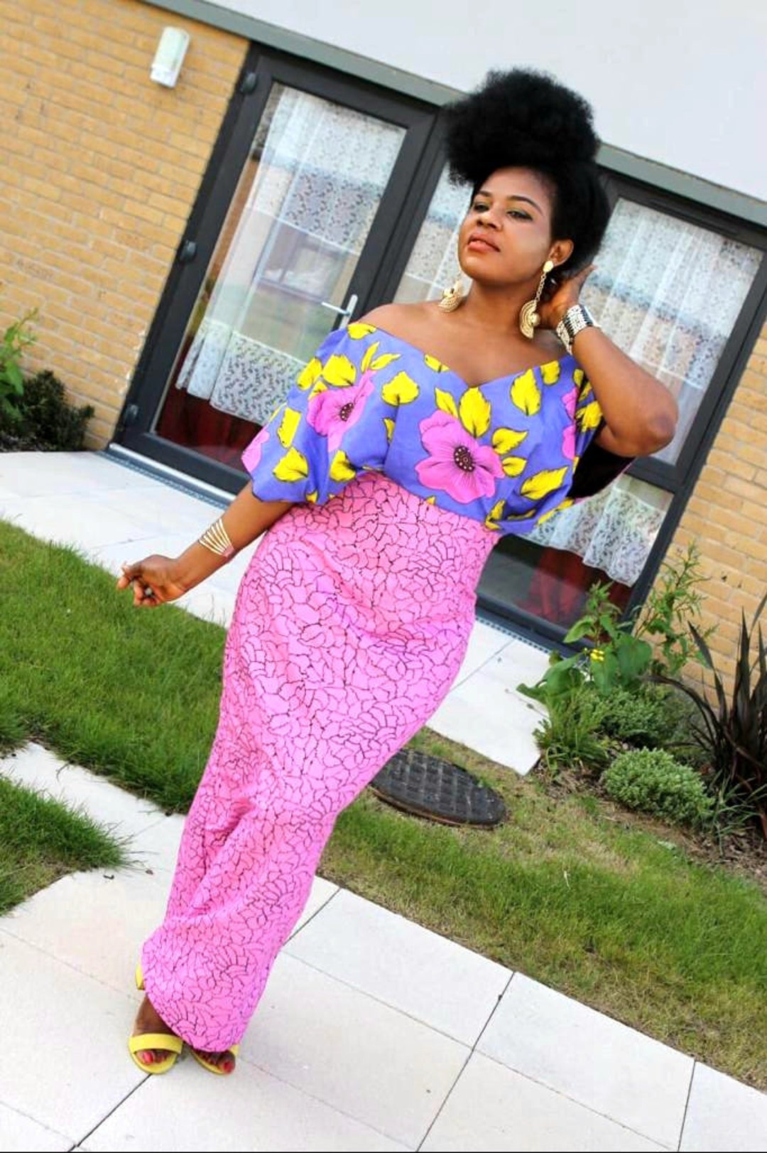 African Print Long off Shoulder Mixmatch Dress, Ankara Dress, Owambe ...