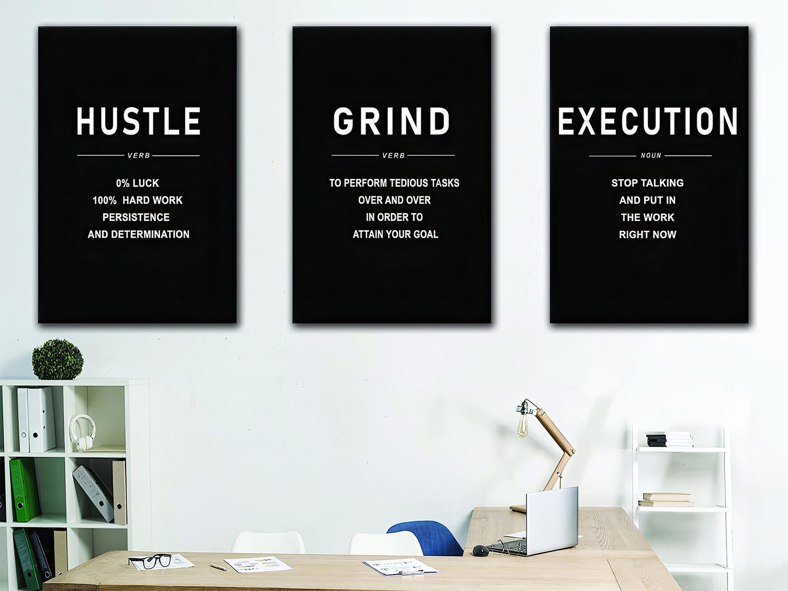 Hustle Grind Execution Canvas, 3 Panels Motivation Wall Art, Large Office Wall Art Set ...