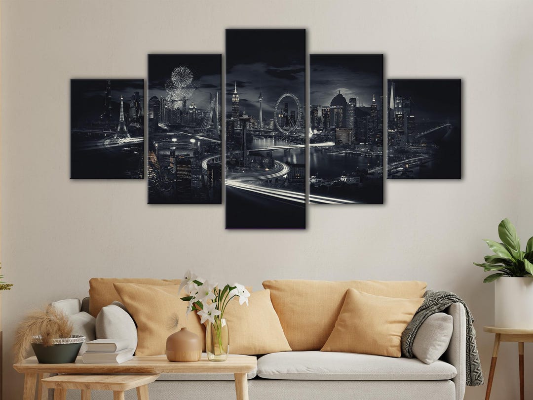 World Monuments, 5 Panels Black & White Wall Art, Large Monuments of ...