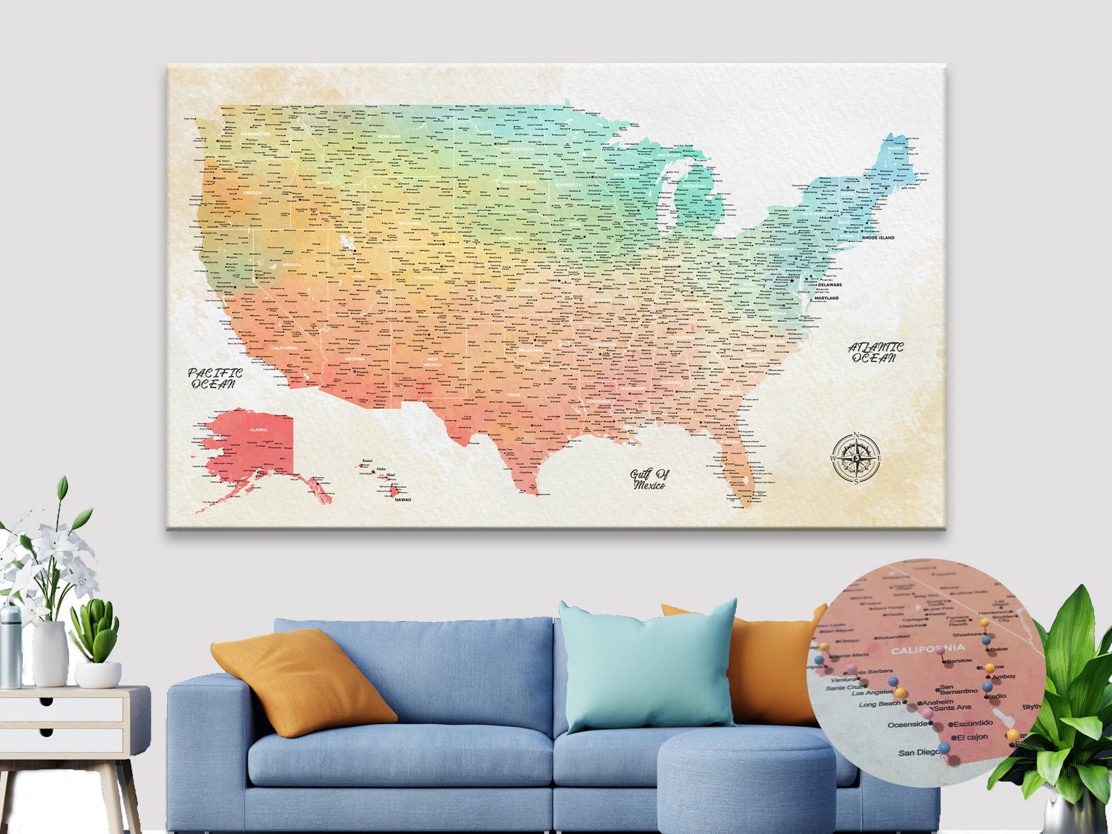 Watercolor Push Pin USA Map - Personalized USA Travel Map - Detailed ...