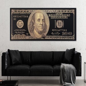 Golden 100 Dollar Bill Canvas Art, Motivational Office Decor ...