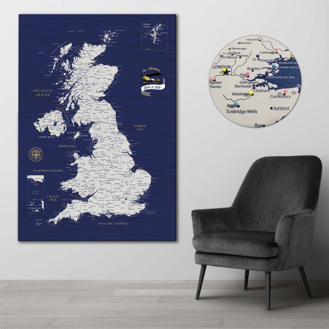 Personalized UK Push Pin Travel Map – Blue & Gold Canvas - Etsy