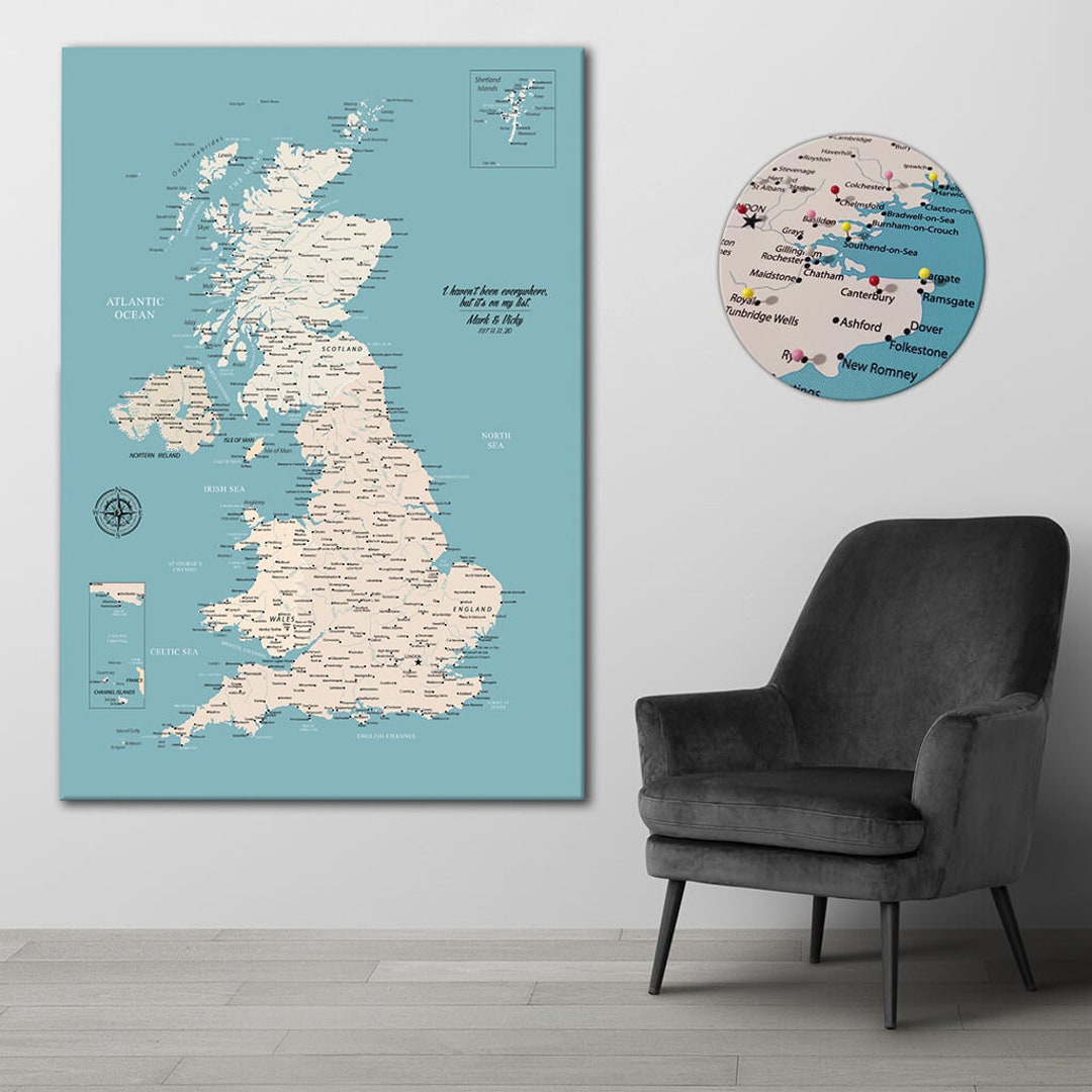 Turquoise Push Pin UK Map: Personalized Travel Gift on Canvas - Etsy