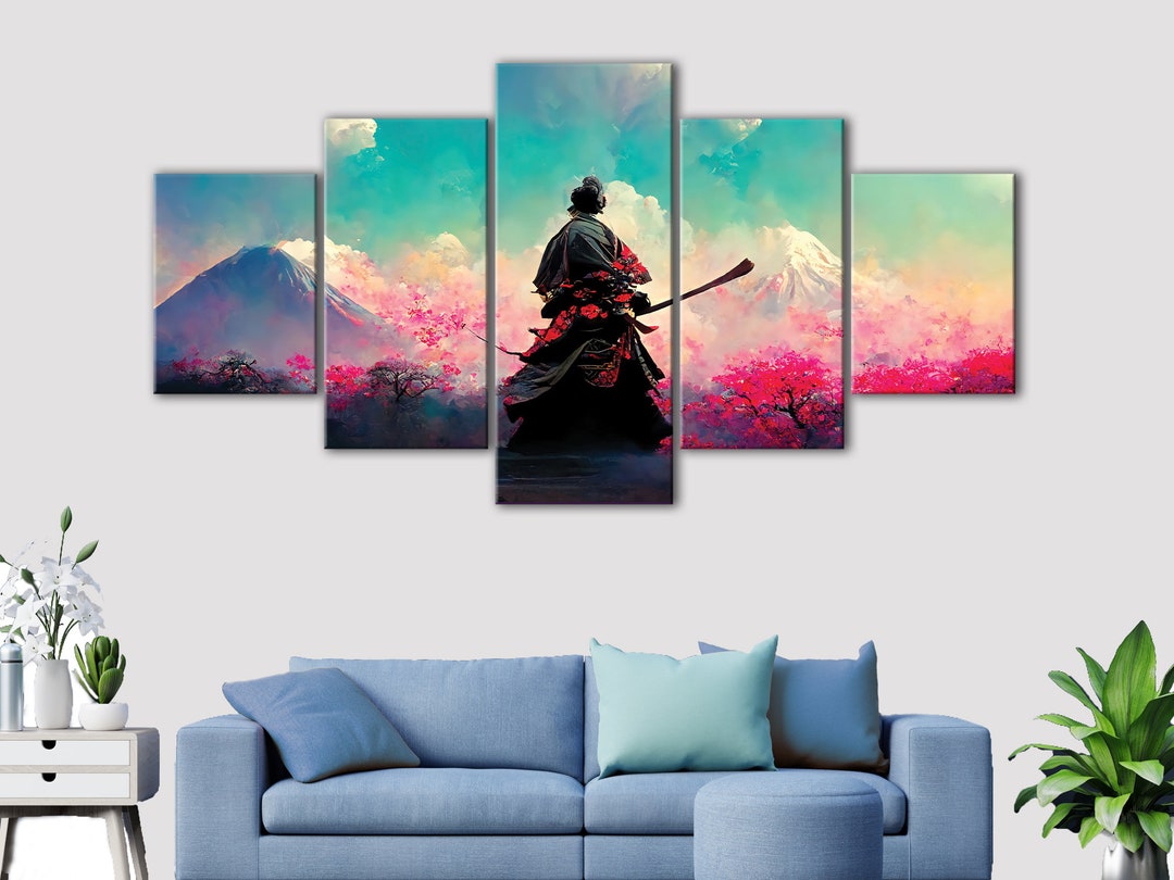 Samurai Cherry Blossom Canvas Art, 5 Panels Japanese Fighter Wall Art ...
