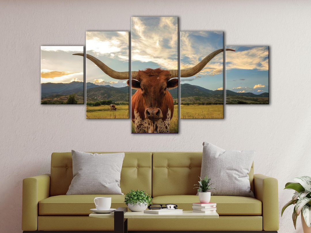 Texas Longhorn Canvas, 5 Panels Longhorn Cow Wall Art, Huge Texas Bull ...